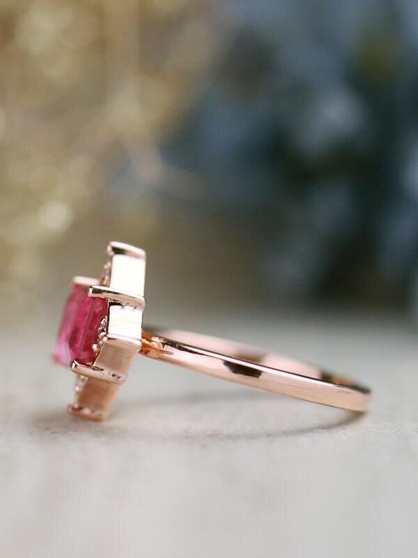 Emerald Cut Pink Tourmaline Kite Solid 14KG Engagement Ring