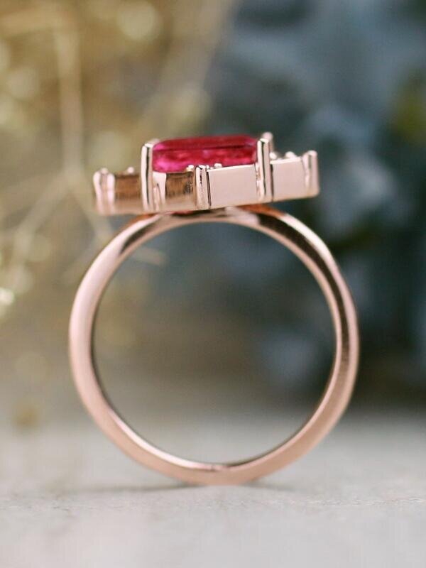 Emerald Cut Pink Tourmaline Kite Solid 14KG Engagement Ring