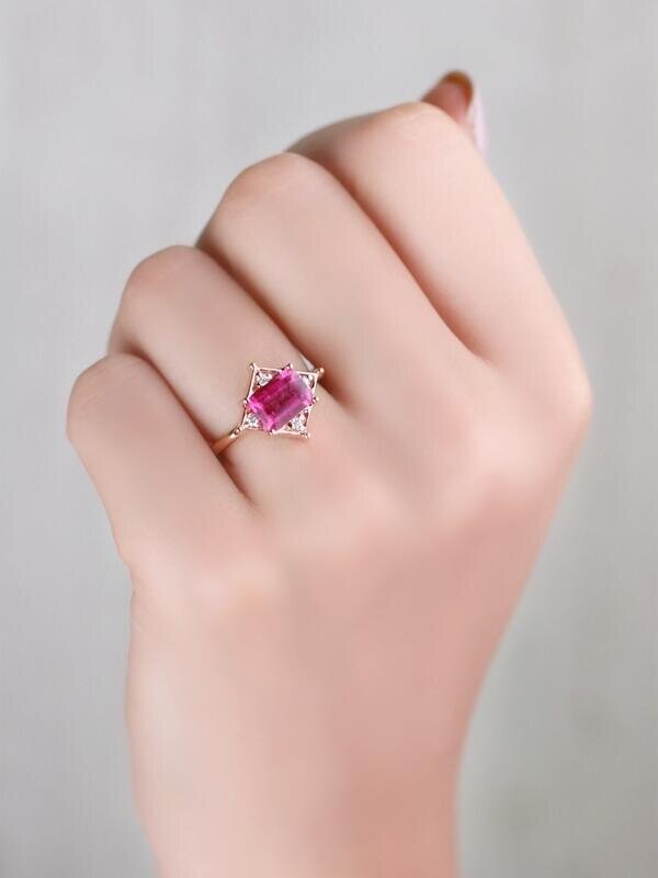 Emerald Cut Pink Tourmaline Kite Solid 14KG Engagement Ring