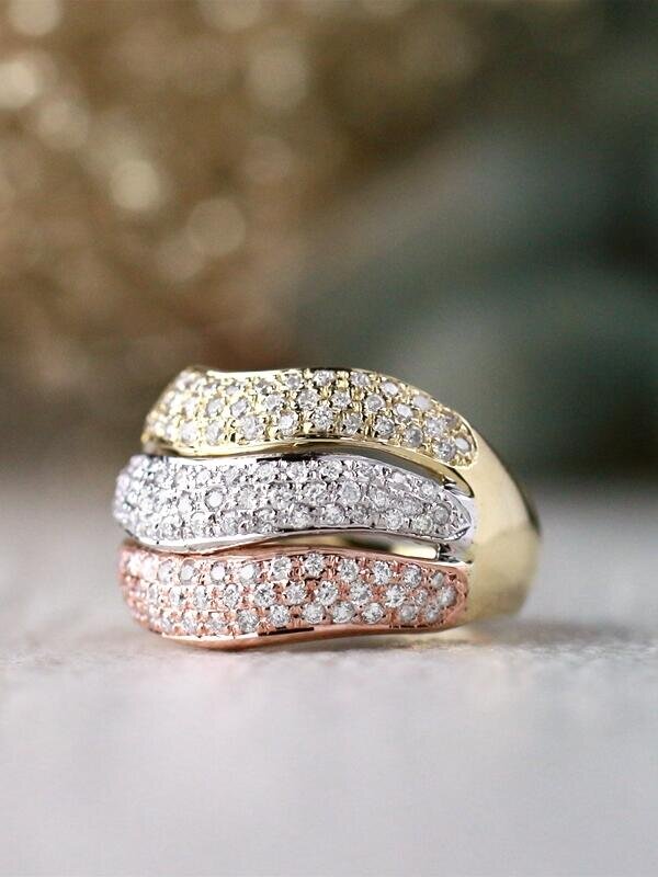 Tri-Color Diamond Solid 14 Karat Gold Stackable Star Ring