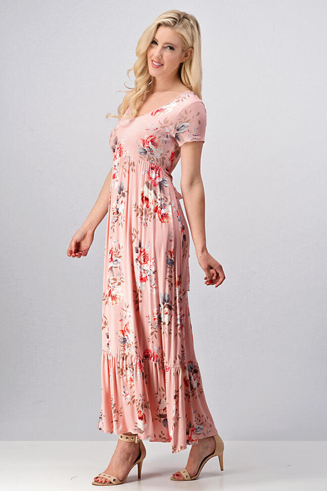 Floral Short Sleeve Jersey Ruffled Bottom Maxi Dress with Belt